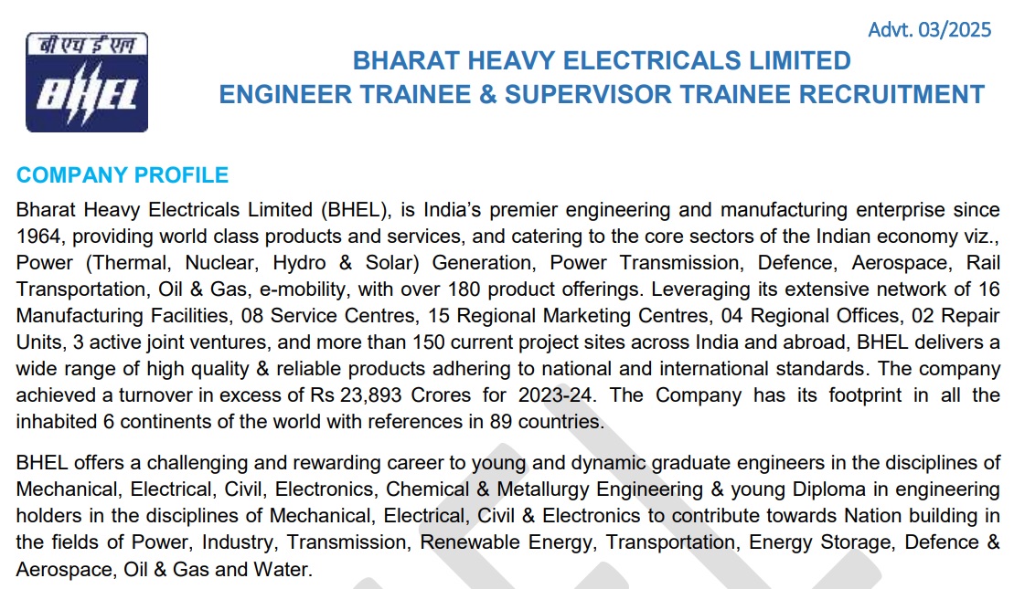 BHEL Recruitment 2025: बीएचईएल इंजीनियर एवं सुपरवाइजर ट्रेनी भर्ती के ... BHEL Recruitment 2025: बीएचईएल इंजीनियर एवं सुपरवाइजर ट्रेनी भर्ती के ...